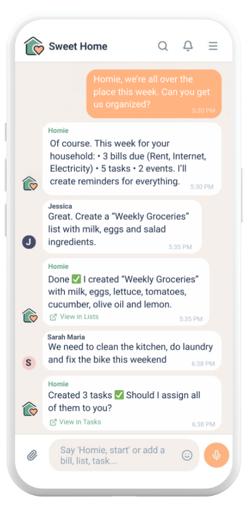 Homie AI – Chat-first household assistant for shared homes